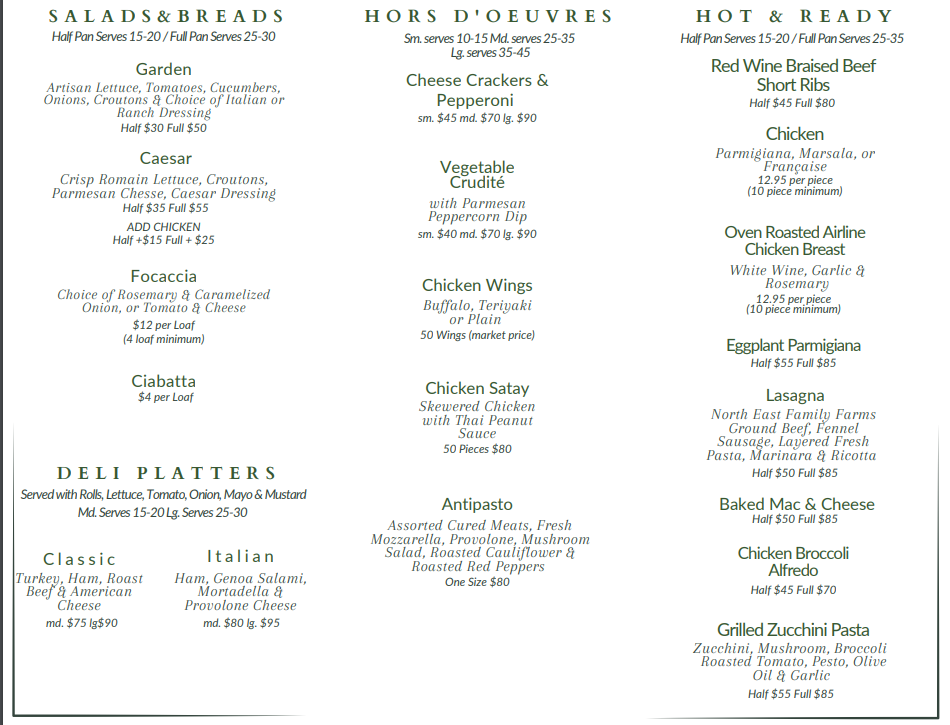 Off-Site Catering & Delivery Menu | Zucchini's Restaurant